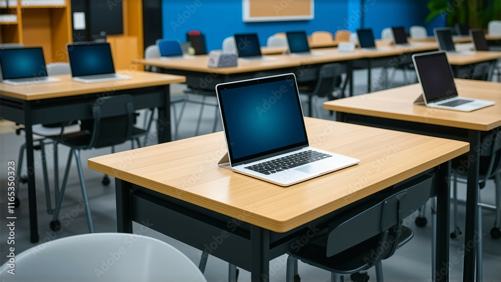 "A modern classroom with AI-powered personal assistant devices on each ...