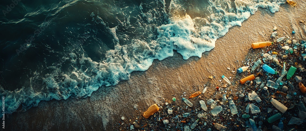 Plastic bottles and litter scattered across a beach, representing the ...
