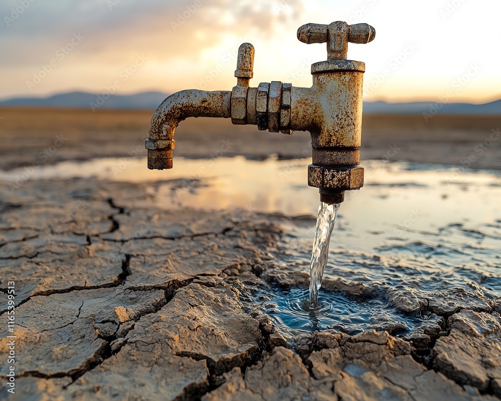 Climate change art A rusting faucet with water trickling onto cracked ...