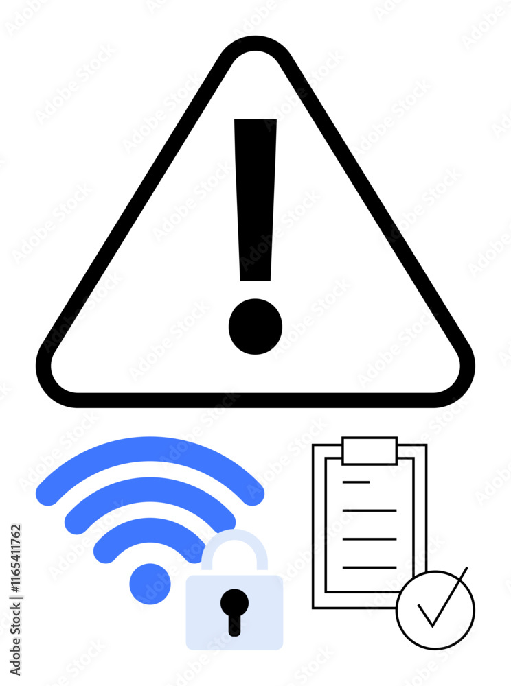 Black triangular warning icon with exclamation mark, blue wireless ...