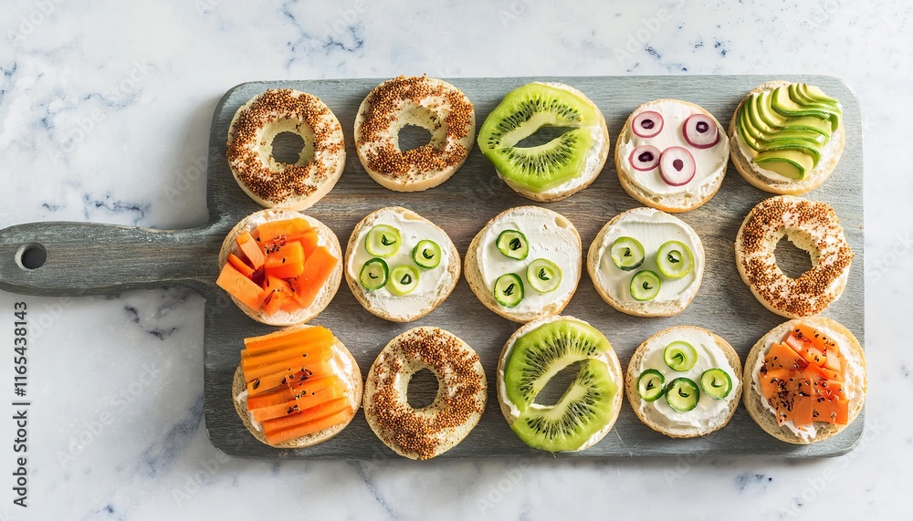 Mini bagels with various healthy toppings making a colorful breakfast ...
