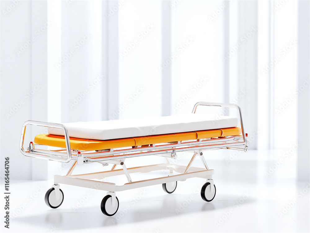 An empty hospital gurney in a bright clinical room, symbolizing medical ...