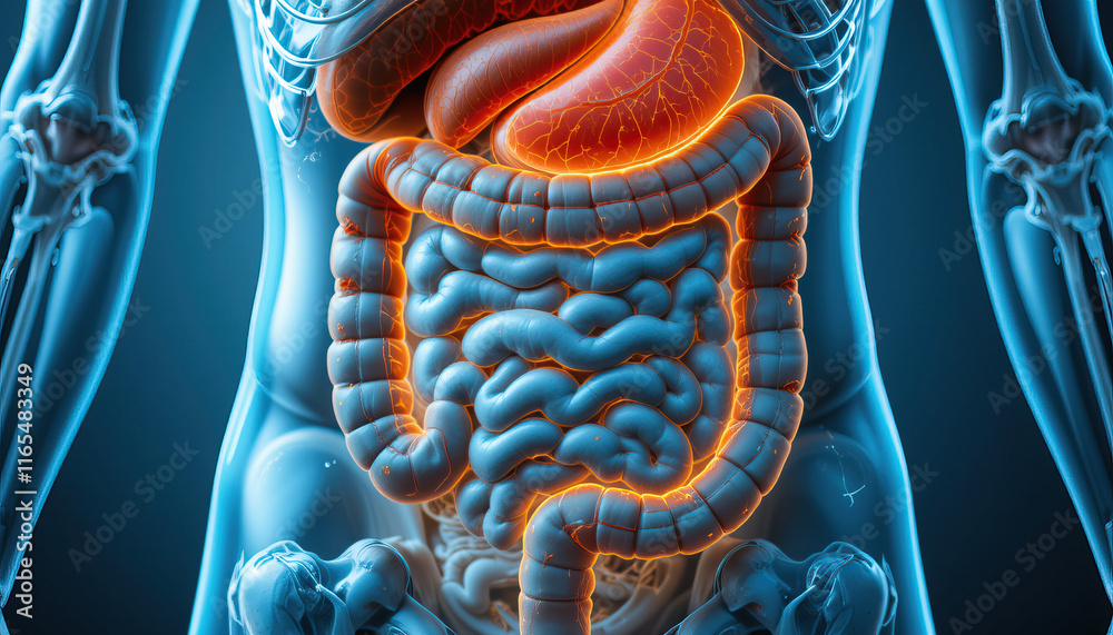 3D medical illustration of human digestive system showing intestines ...