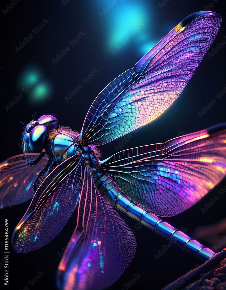 dragonfly on black, Vibrant iridescent wings and delicate body of a magnificent dragonfly fill ...