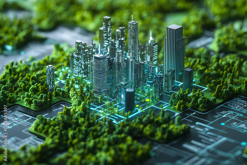 Futuristic holographic map blending a digital city plan with a lush ...