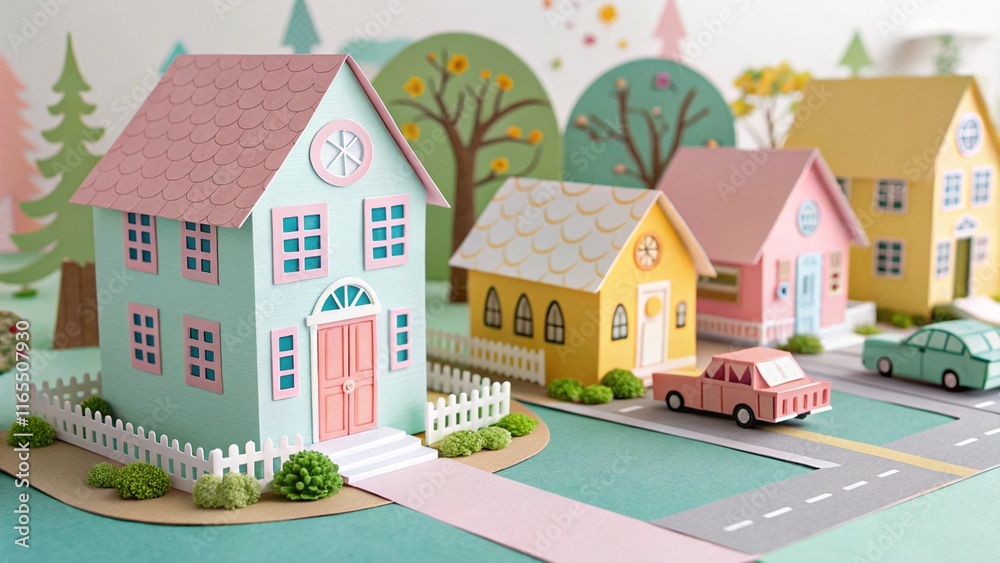 Miniature papercraft neighborhood, colorful pastel houses, quaint ...