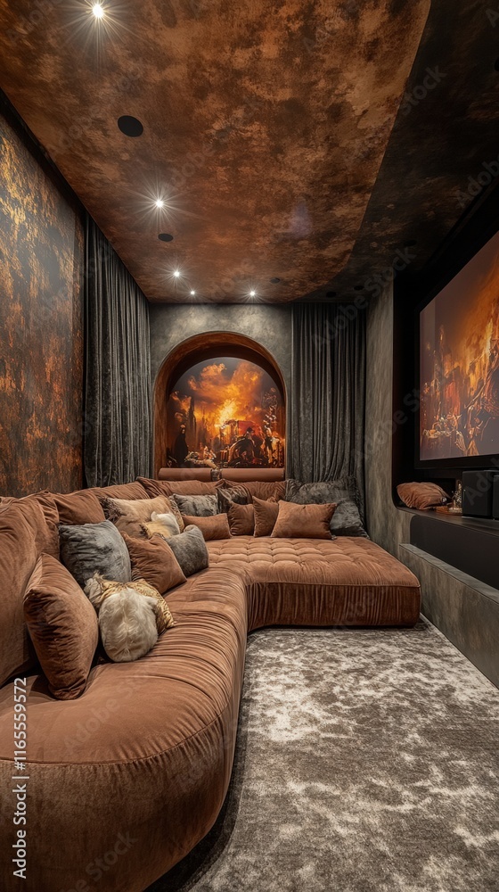 Luxury vertical cinema room with tall drapes high fidelity sound and ...