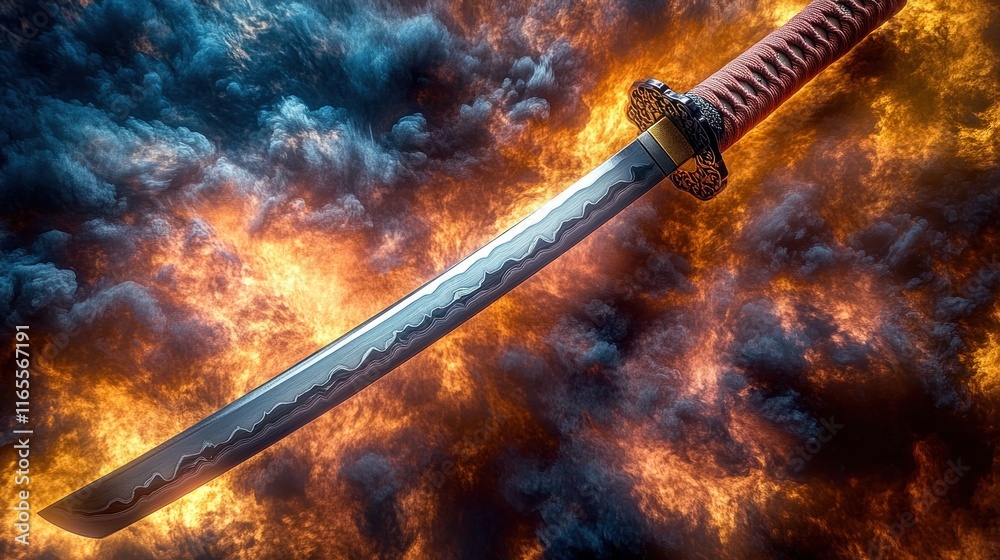 Japanese katana sword, dramatic fire and smoke background. Stock Photo ...