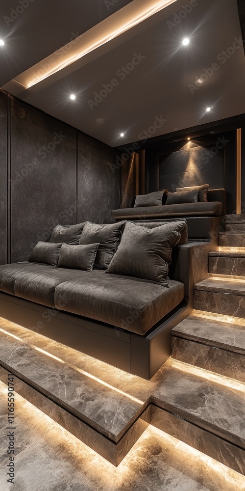 Luxury vertical home theater design with statement lighting in elegant ...