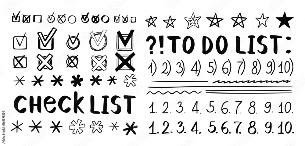 Doodle checklist, hand drawn check marks, asterisks and numbers. To do ...