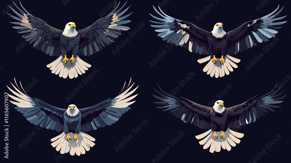 Bald eagle icons flying with spread wings front and side view. Vector ...