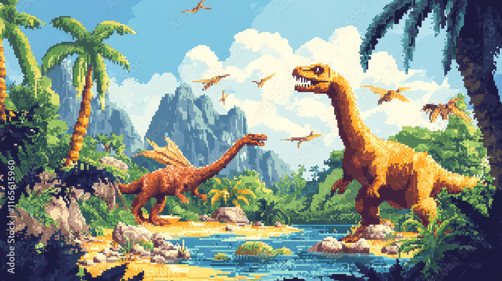 8 bit pixel dinosaurs park banners. Dino world vector vertical cards ...