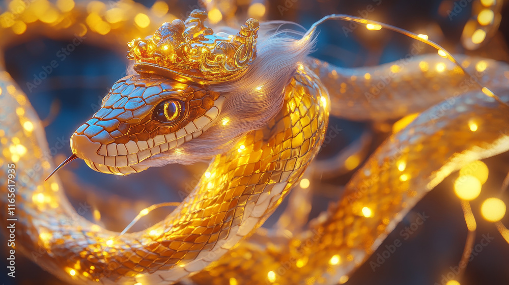 Cartoon 2025 Chinese lunar year snake with yellow scales wears dragon ...