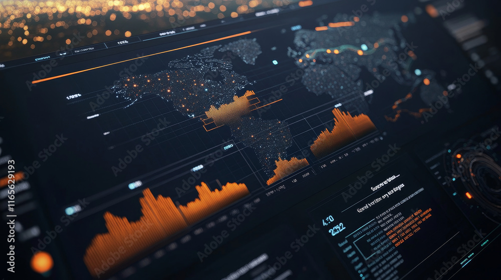Ilustración de Stock HUD hologram interface, earth digital map infographic charts and graphs ...