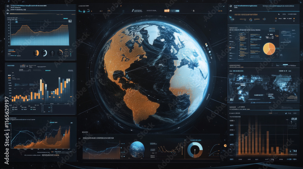HUD hologram interface, earth digital map infographic charts and graphs, futuristic technology ...
