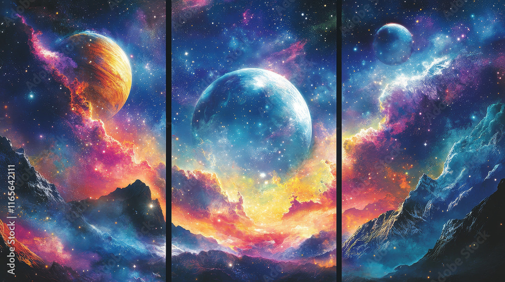 Cartoon fantasy galaxy space planets posters. Universe flight ...