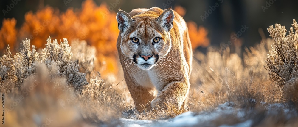 [cougar running through tall grass] Wild Cougar in Motion Amidst Dry ...