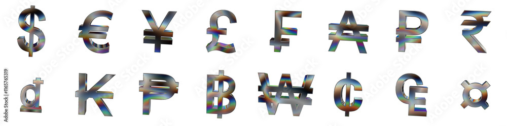 Set of 3d currency symbol shapes with dark metal and rainbow effects ...