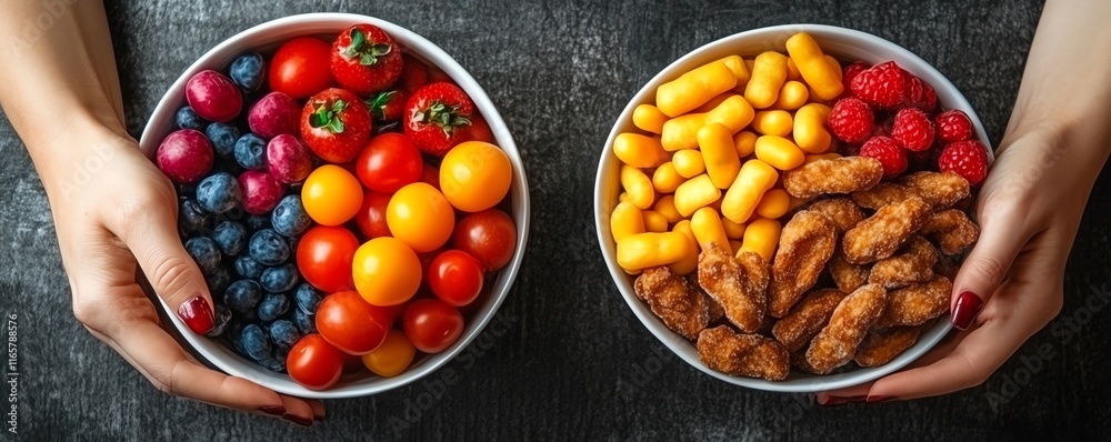 Healthy vs unhealthy food concept A bowl of fresh fruits and vegetables ...