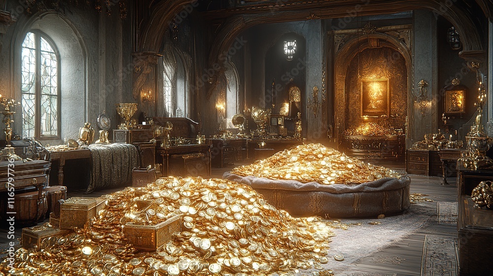 Luxurious treasure room overflowing with piles of glittering gold coins ...