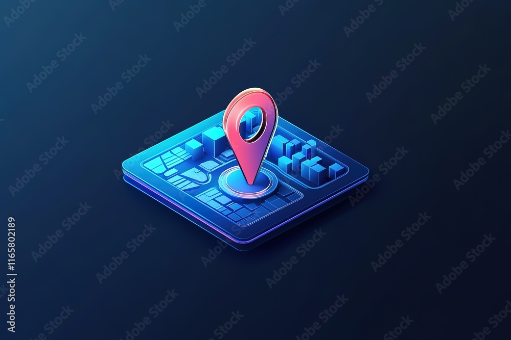 Isometric location pin on a digital city map. Represents navigation ...