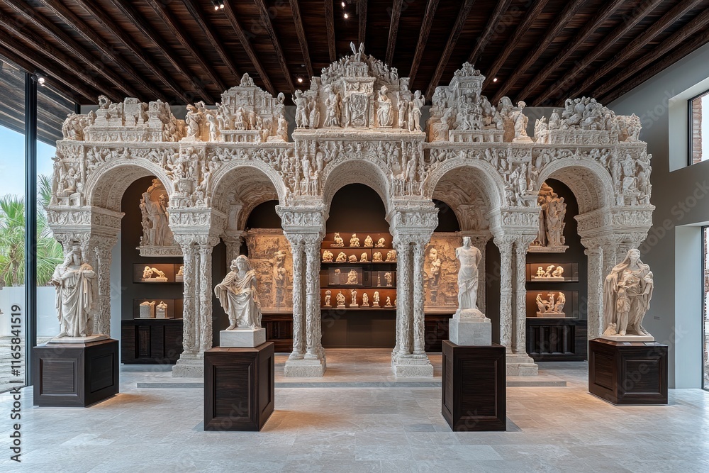 Intricate stone arches frame vintage sculptures in a gothic museum ...