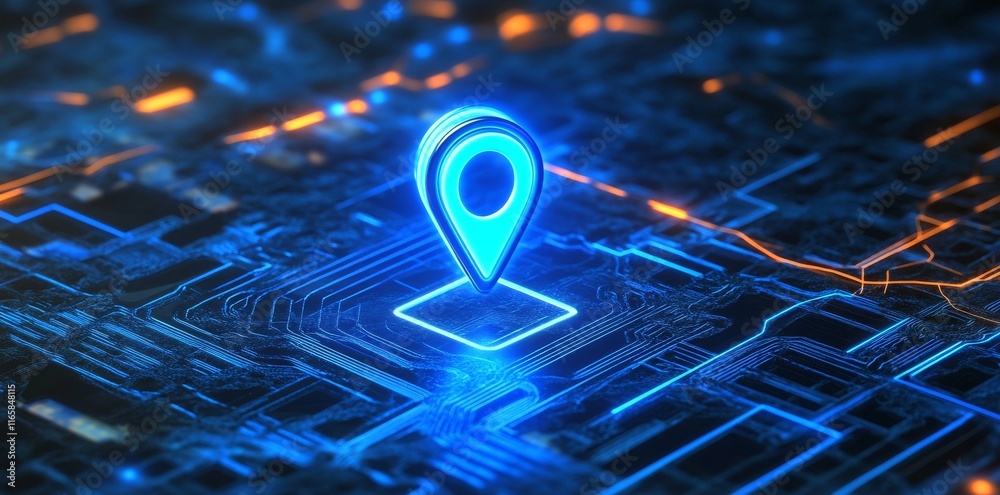 Against a dark backdrop, a map shows blue shining pins, one highlighted ...