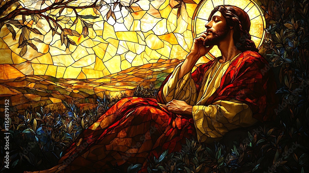 Jesus praying alone in the Garden of Gethsemane, shown in luminous ...