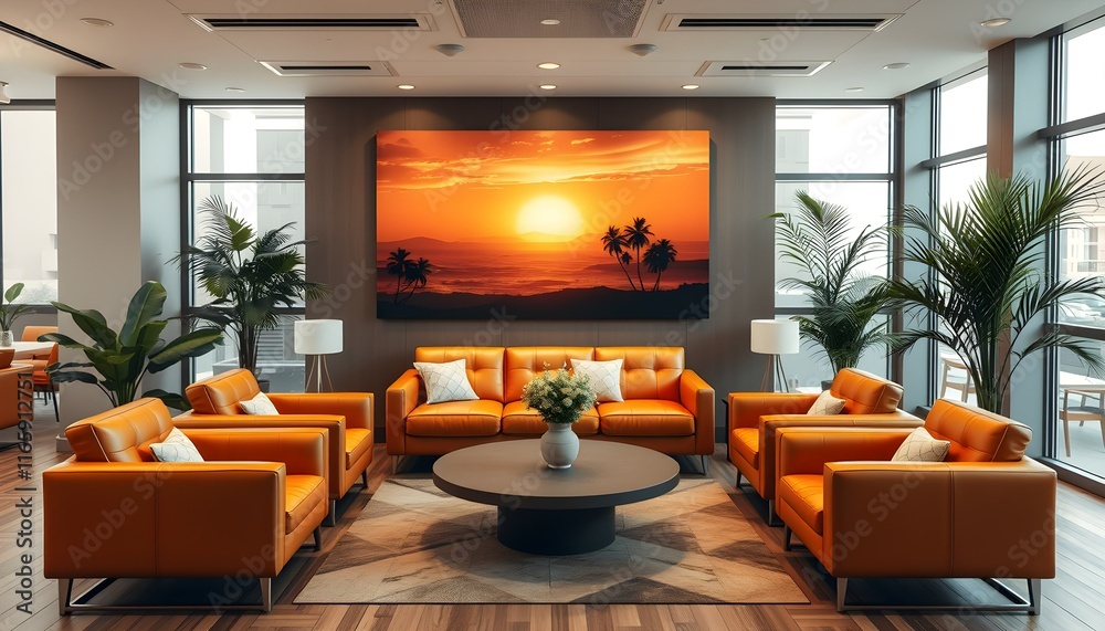 luxury hotel lobby, modern interior design, orange leather sofa ...