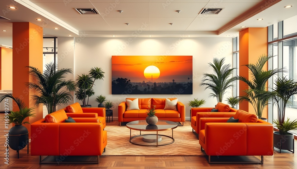 luxury hotel lobby, modern interior design, orange leather sofa ...