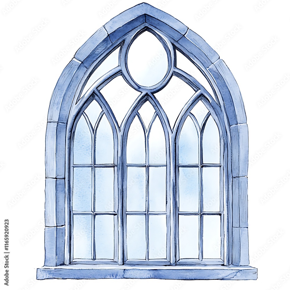 Watercolor illustration of a Gothic arched window with stone frame and ...