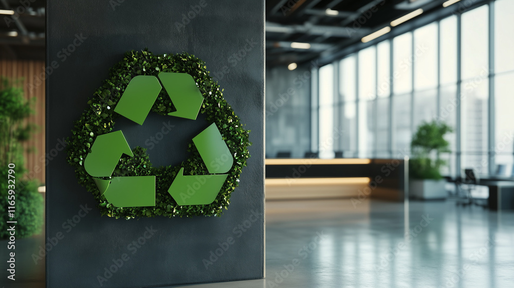 Recycling symbol in an office environment symbolises a sustainable ...