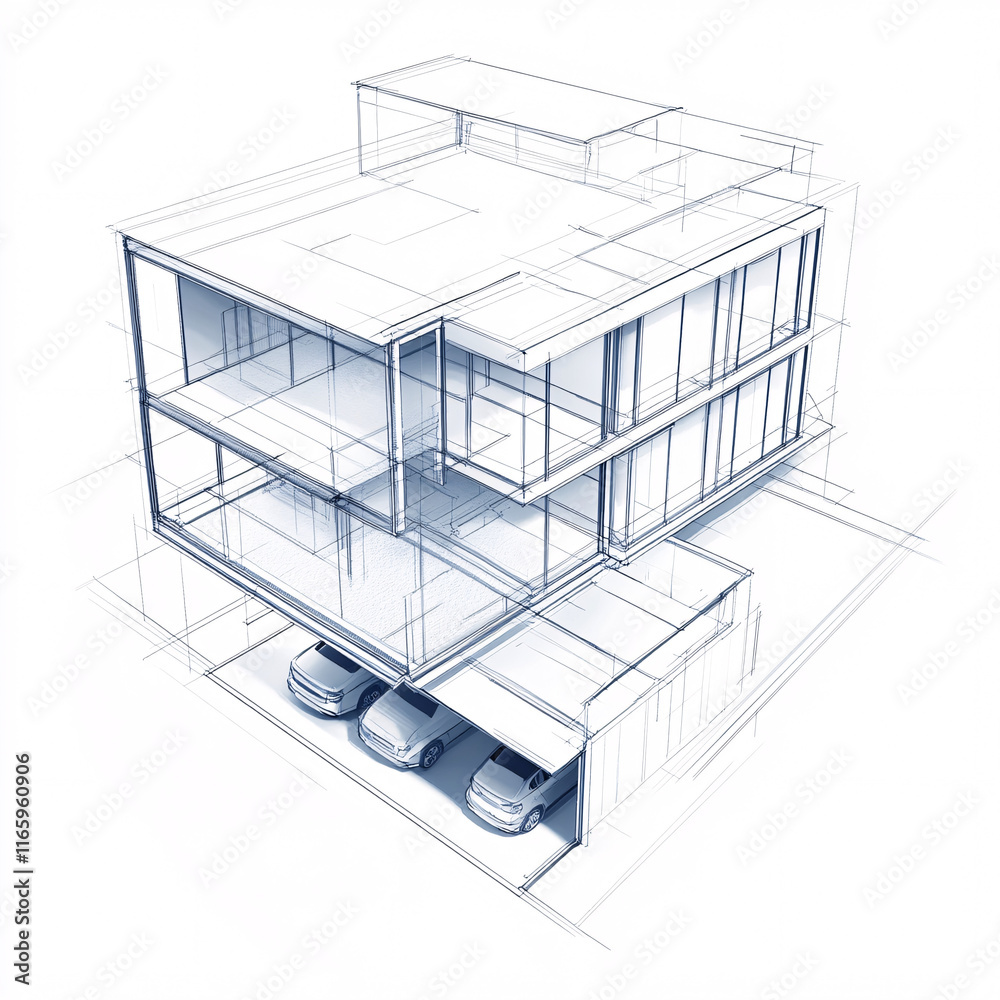 Rendering of modern multi-storey building with transparent front and ...