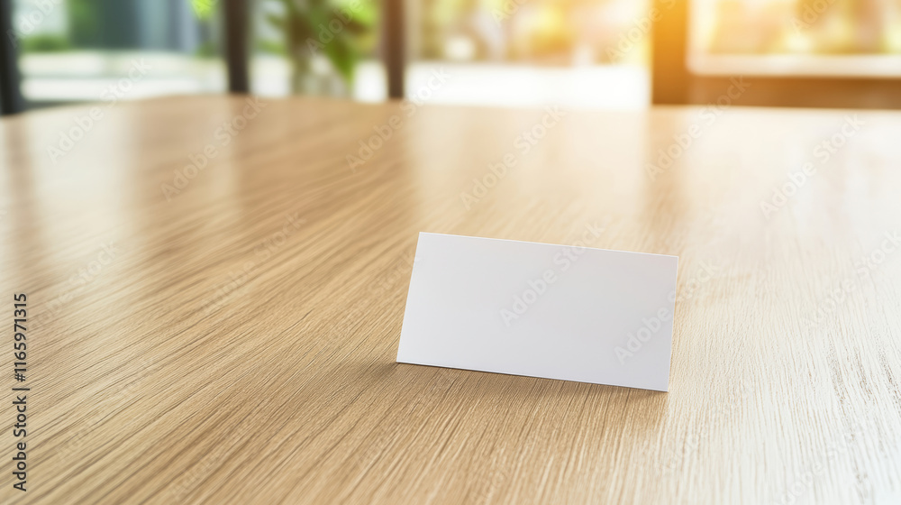 Blank white name tag placed on a modern office desk with bright natural ...