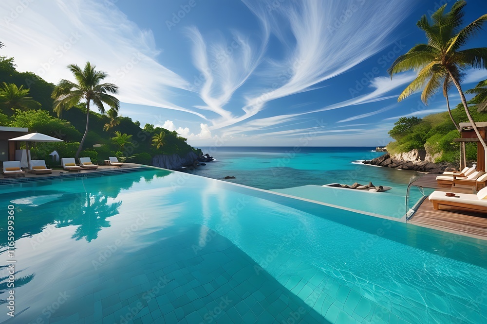From a wide-angle view on a sunny summer day, infinity oceanfront pool ...