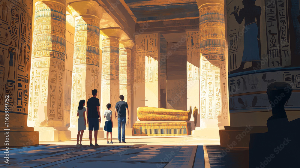 Father and teen children explore Egyptian temple room interior with ...