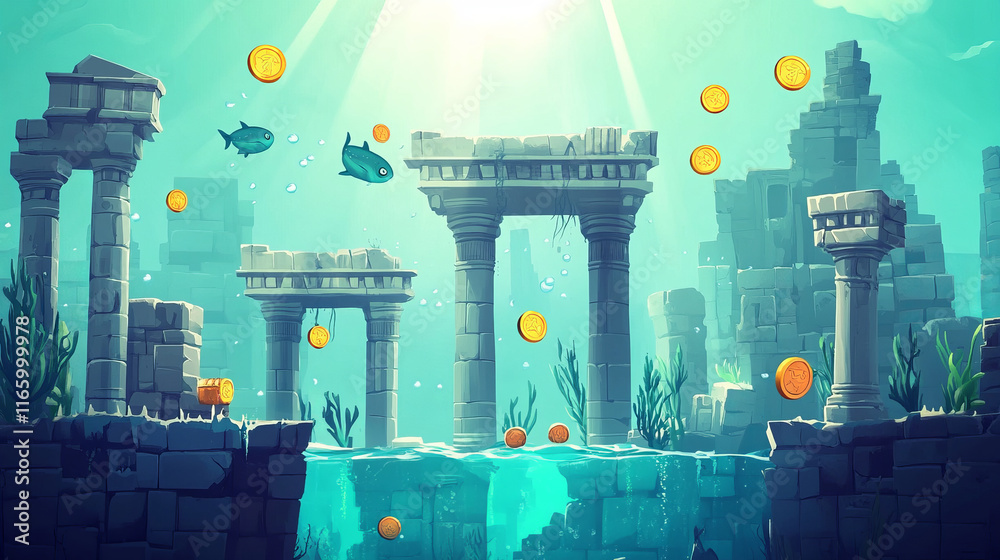 Arcade game ui level design with jump and run floating platform with golden coins to collect ...