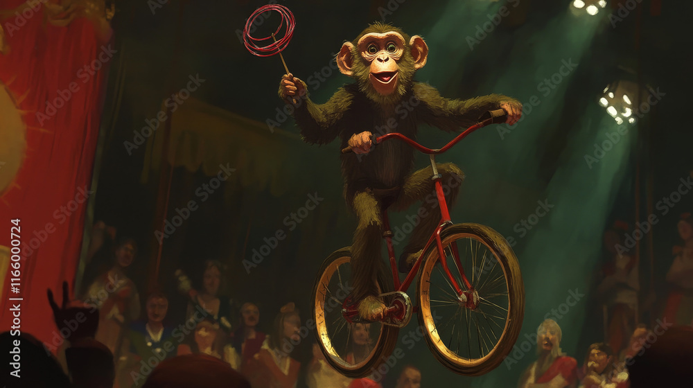 Circus banner with cute monkey juggler on monocycle. Vector landing ...