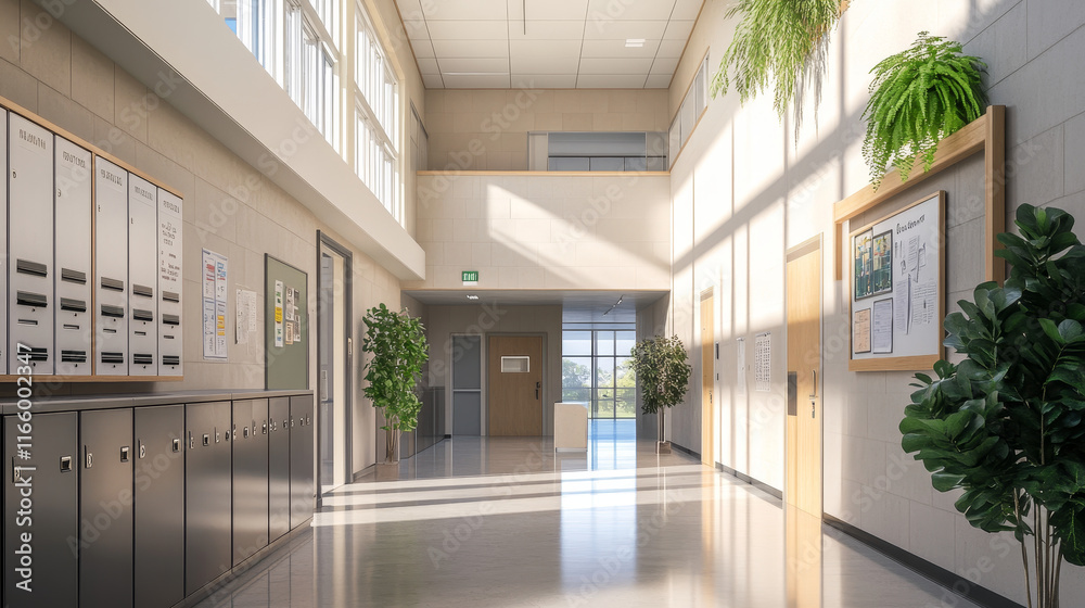 Modern school hall with lockers. Vector cartoon illustration of large ...