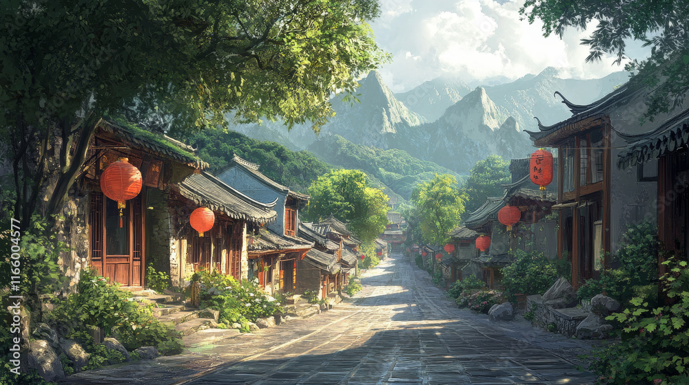 Chinese village street with old traditional typical houses and garland ...