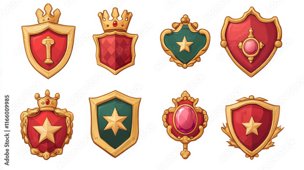 Red shield shape badge with star, golden frame, gemstones and crown ...