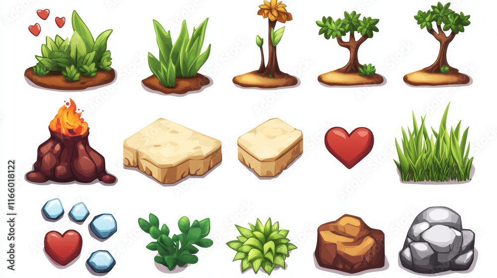 Game ui elements set with floating ground platform with green grass ...