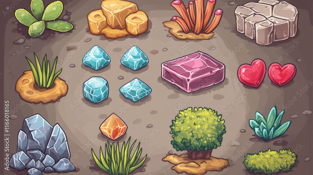 Game ui elements set with floating ground platform with green grass ...