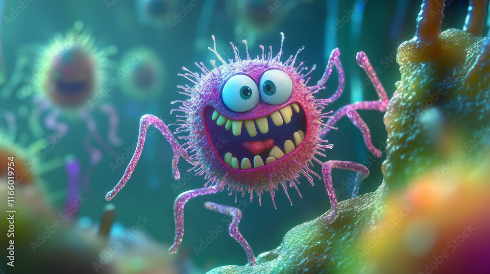 Bacteria posters with cute germ and microbe characters. Vector medical ...