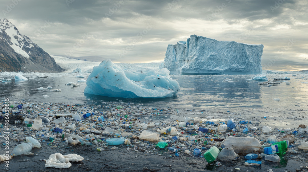 Arctic landscape with melting iceberg and plastic garbage floating in ...