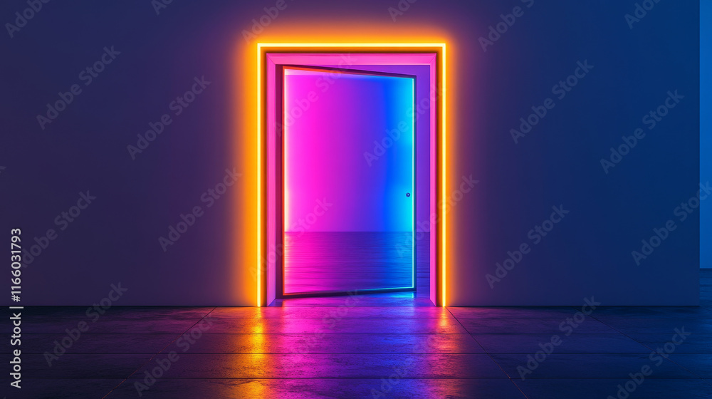 Future door background. Digital futuristic neon light for opportunity ...