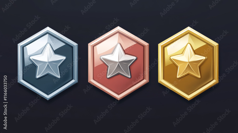 Game award badges and medals for third, second and first place. Cartoon ...