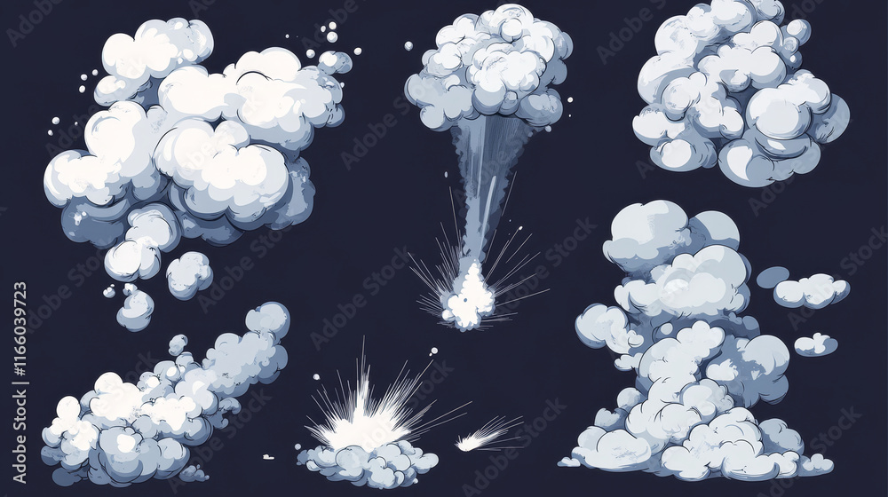 Ilustración de Stock Smoke explode animation sprite sheet. Cartoon clouds, steam vfx explosion ...