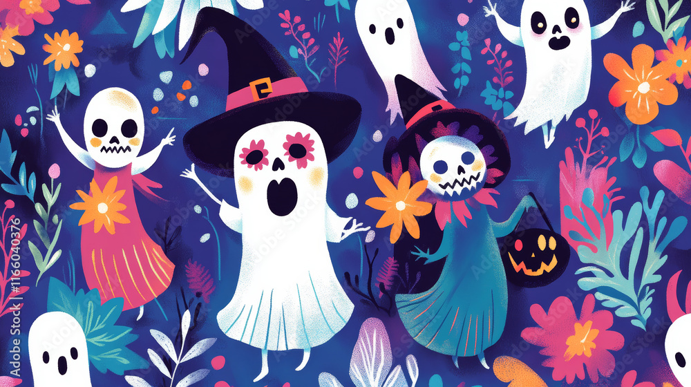 Cute ghosts in witch hat, with flower, skull, scaring, making magic ...