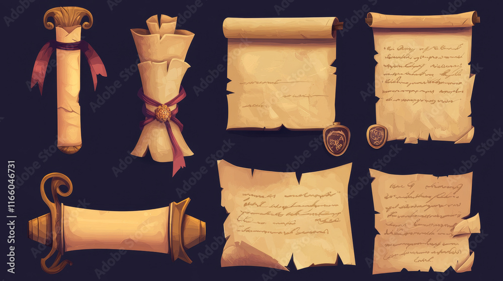 Ancient parchment scroll and paper page with text, ribbon and stamp ...